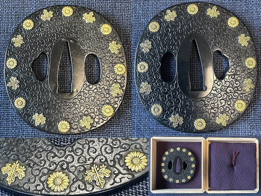 ⭐️桃山文化芳しき保存状態際立つ逸品⭐️伝吉岡因幡介 極赤銅地唐草文桐菊家紋置金象嵌完品献上鐔⭐️ - 美術*刀剣*専門*オークション ...